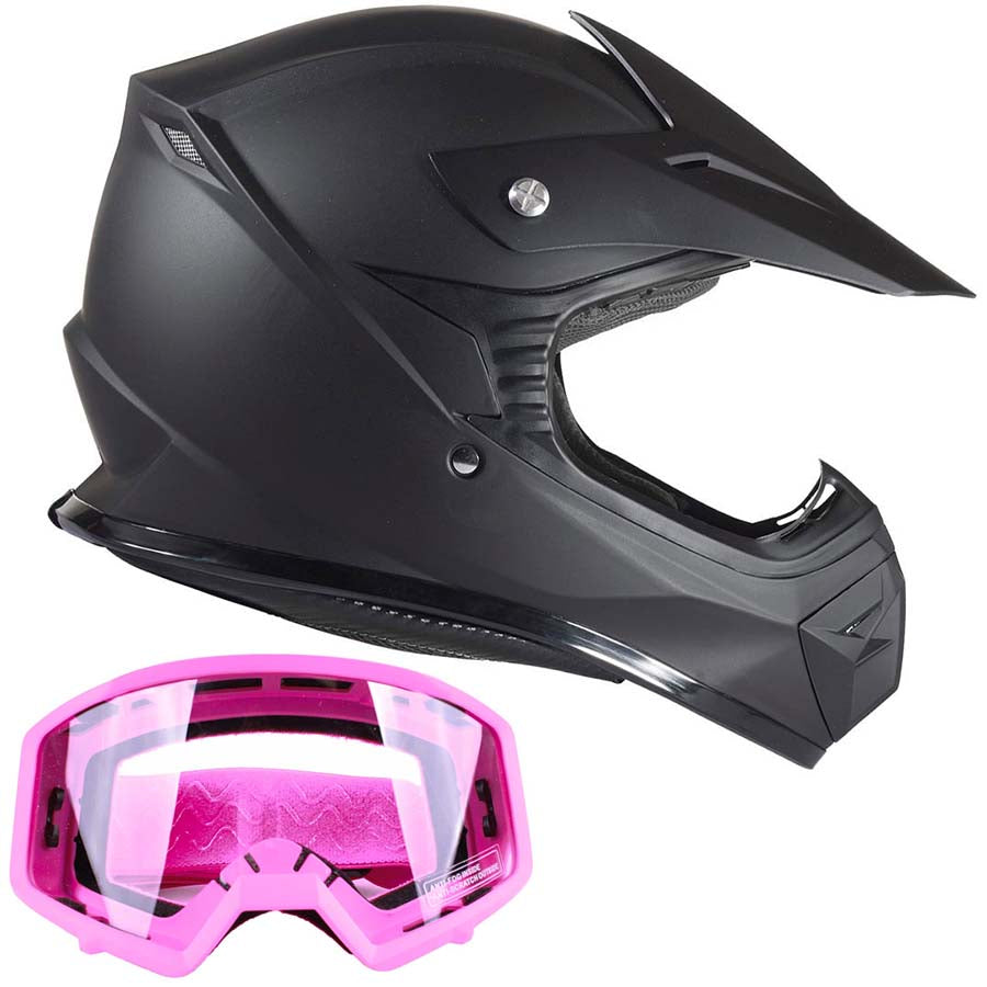 Youth Kids Matte Black Motocross ATV Dirtbike Helmet With Pink Goggles ...