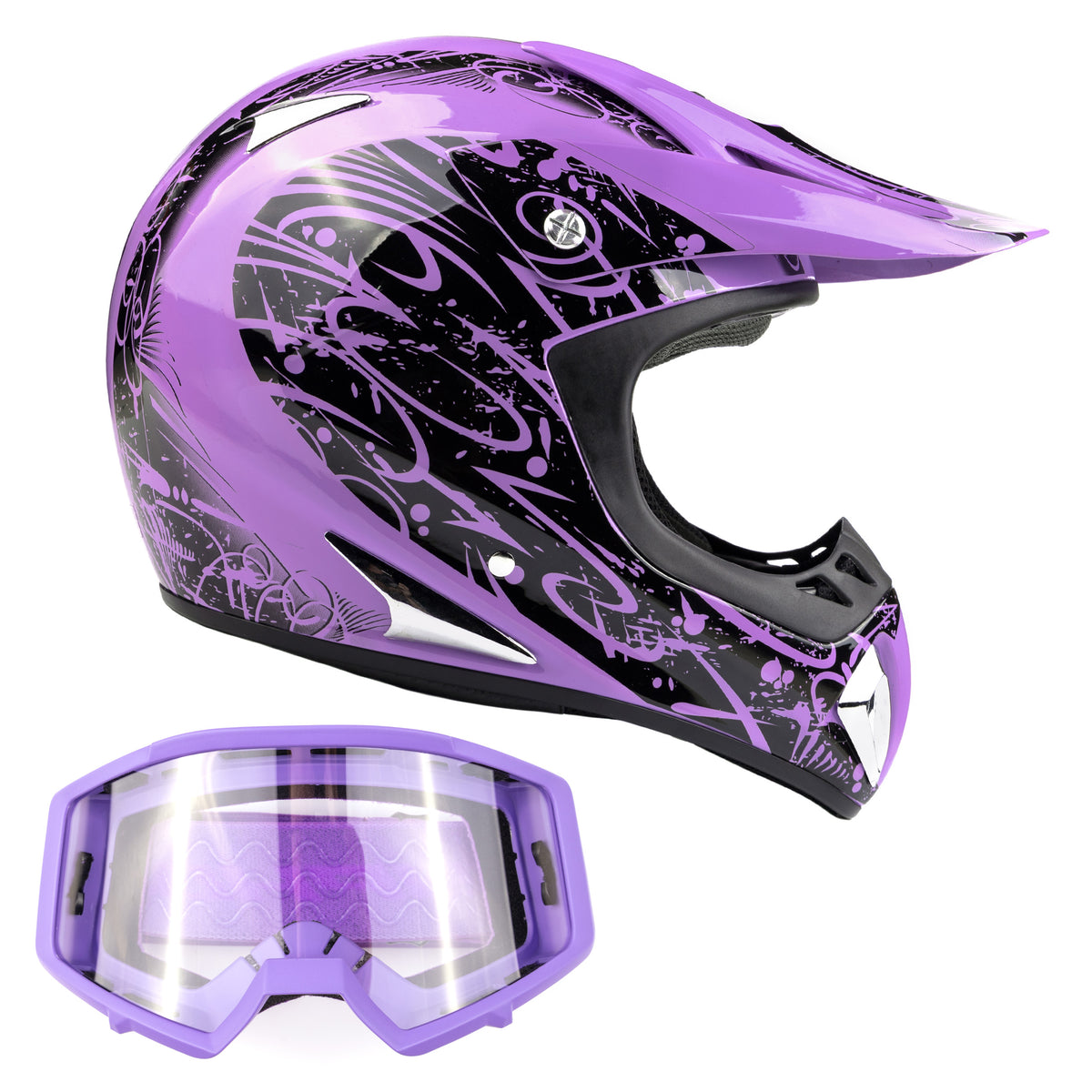 Adult TYPHOON OFFROAD ATV MOTOCROSS Helmet Purple with Purple Goggles ...