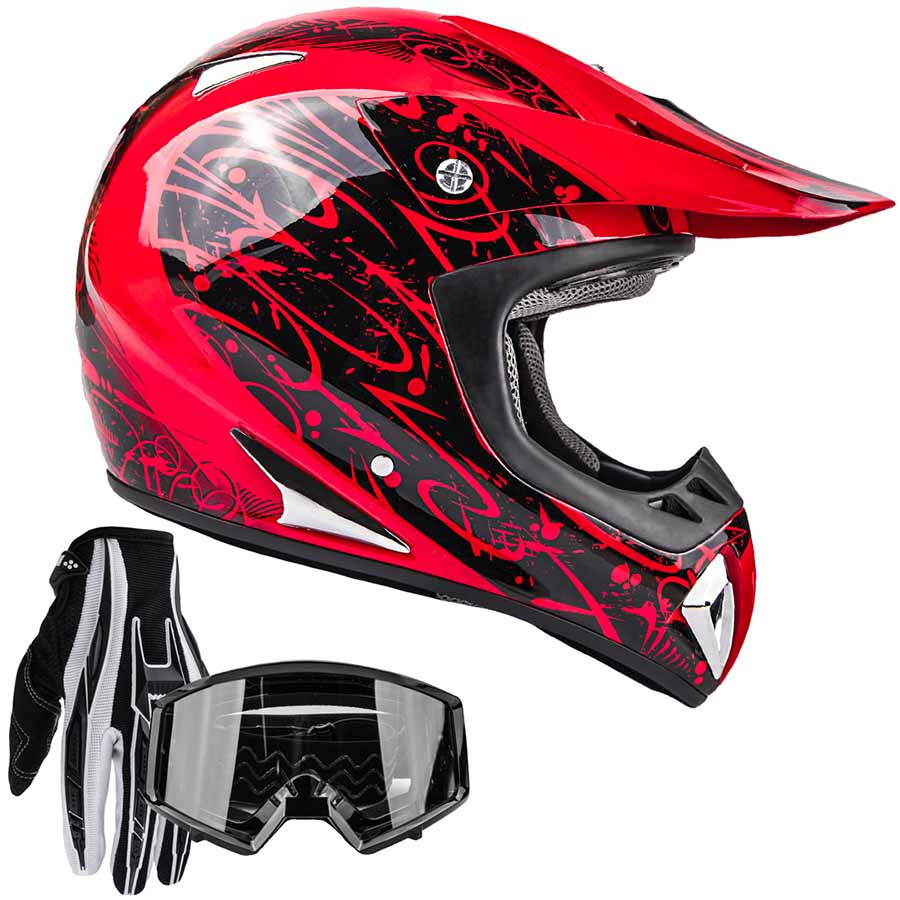 Red Splatter Adult Motocross Helmet w/ Black Gloves & Goggles | Typhoon ...