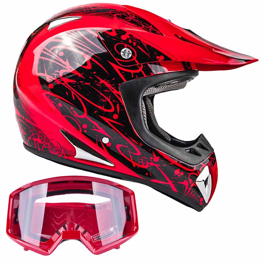 Adult TYPHOON OFFROAD ATV MOTOCROSS Helmet Red with Red Goggles ...